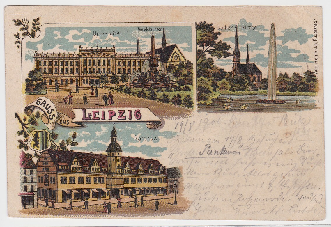 85222 Ak Lithographie Gruß aus Leipzig Universität, Lutherkirche usw ...