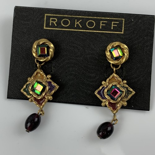ROKOFF Designer Matte Gold Tone Stud Earrings Dangle Purple Green ...