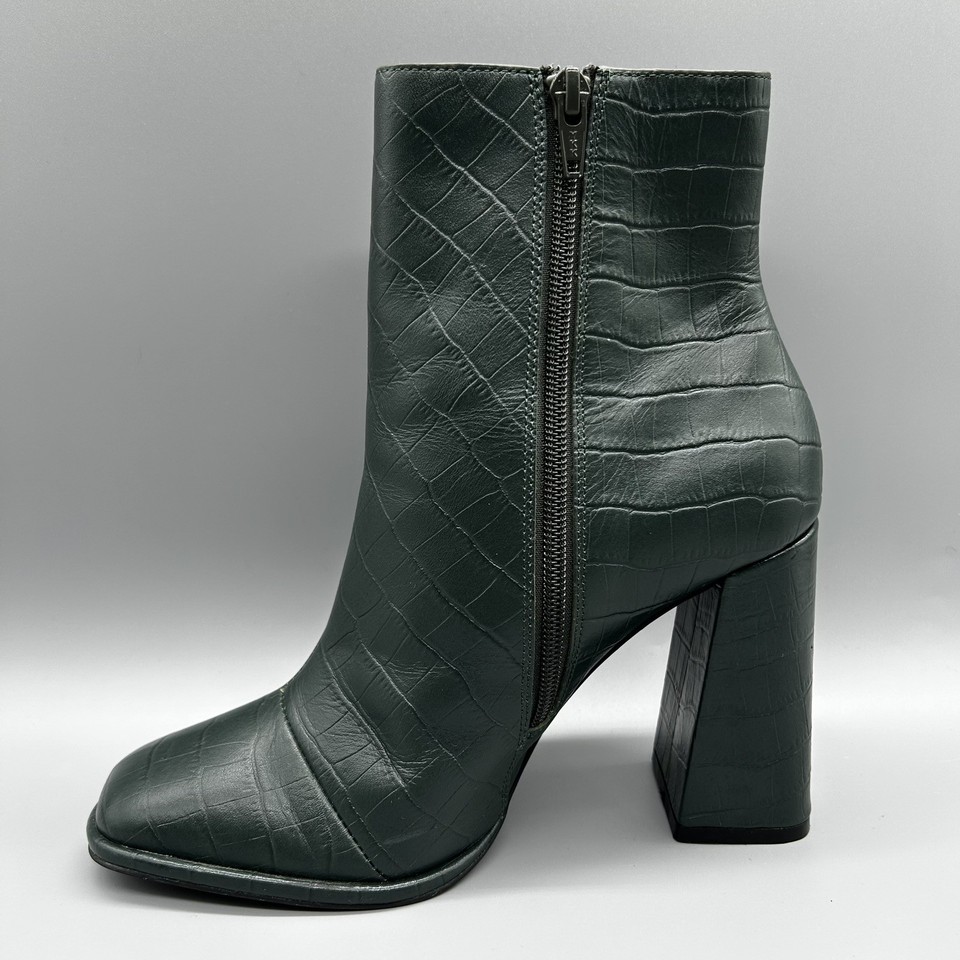 ASOS Design Ankle Boots Leather Green Crocodile Square Toe Block Heel ...