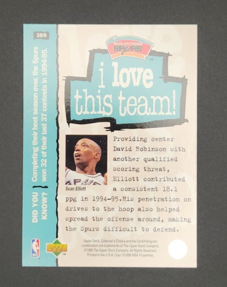 1995-96 Collector's Choice Sean Elliott On Card Autograph San Antonio ...
