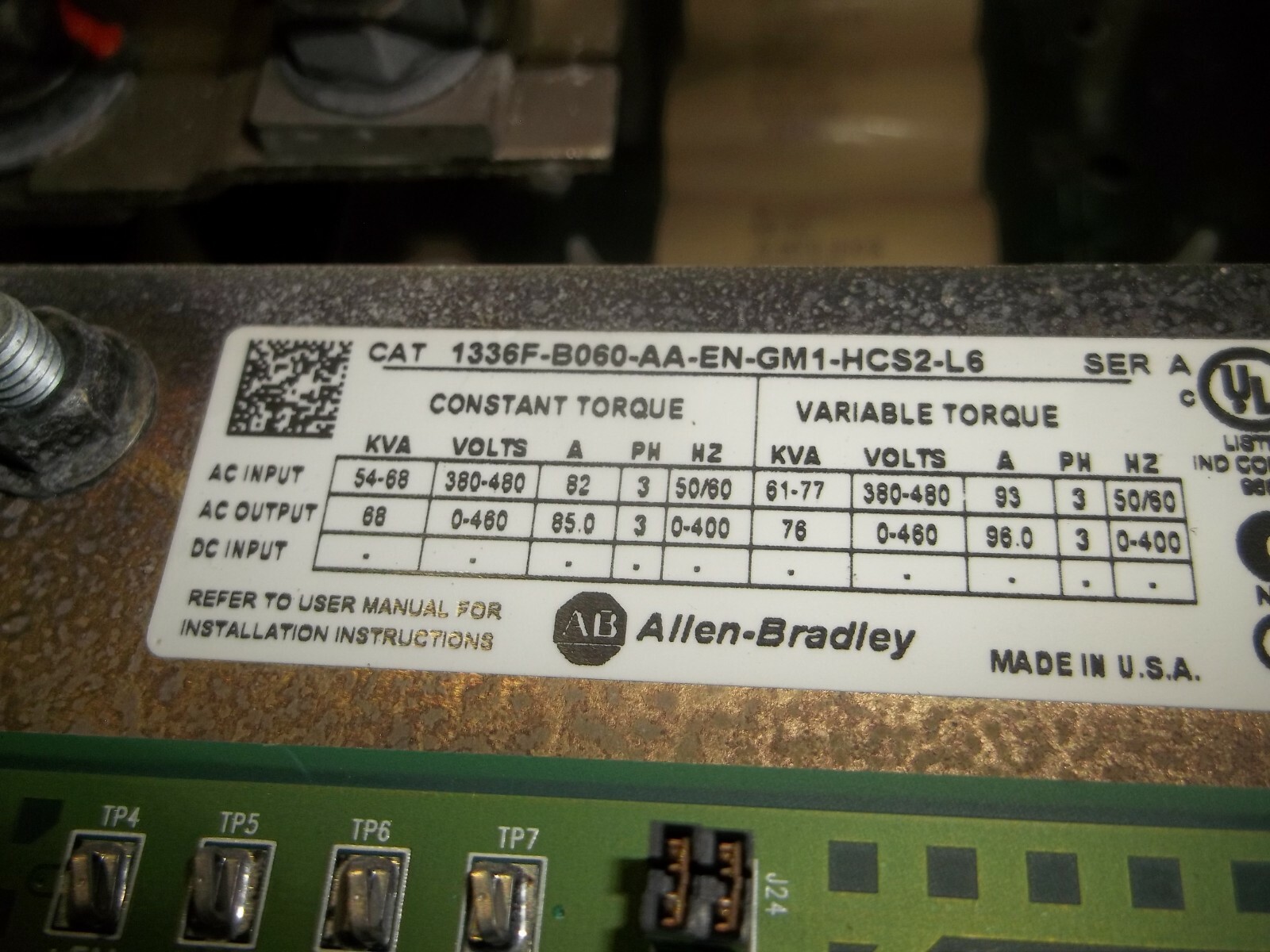 ALLEN BRADLEY 1336F-B060-AA-EN-GM1-HCS2-L6 SER A 1336 PLUS DRIVE 60HP ...