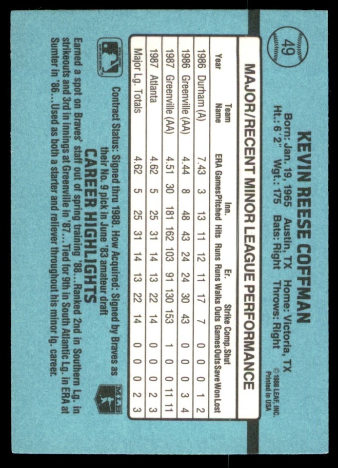 1988 DONRUSS THE ROOKIES KEVIN COFFMAN ATLANTA BRAVES #49 | eBay