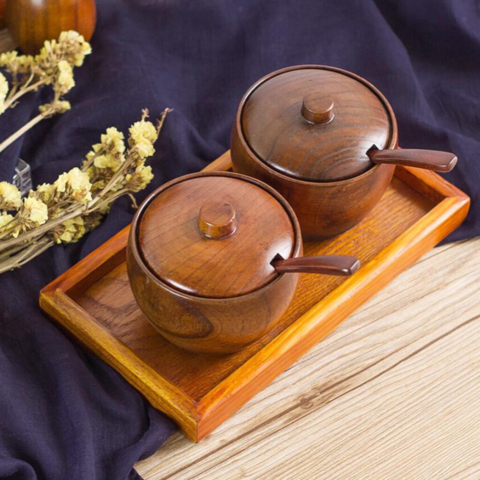 Wooden retro solid wood salt pot with lid seasoning pot kitchen ...