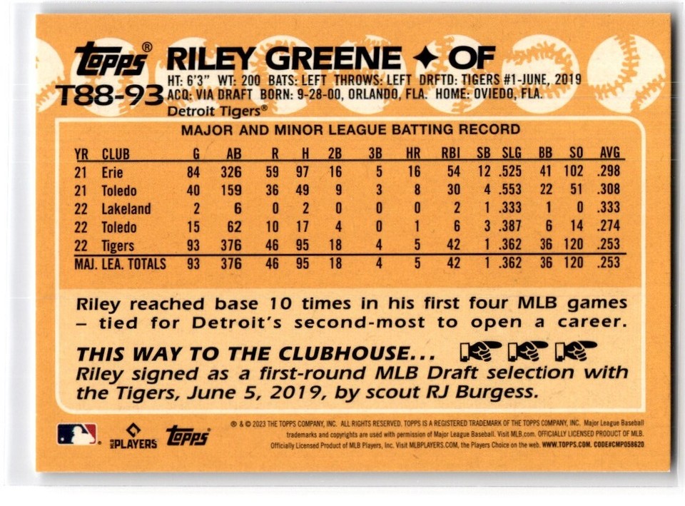2023 Topps 1988 Baseball Riley Greene RC Tigers #93 | eBay