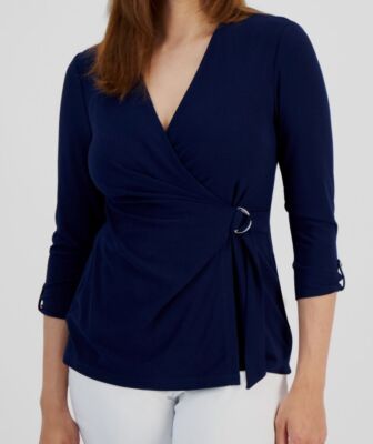 Jones New York Women's Blue 3/4-Sleeve D-Ring Wrap Top Petite Size PL ...