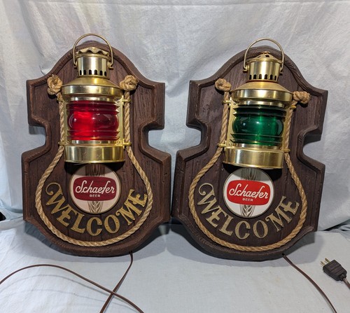 Vintage Pair Schaefer Beer Nautical Welcome Bar Light Signs Red Green ...