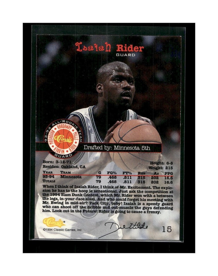 1994 Classic Draft Isaiah Rider #15 Minnesota Timberwolves Basketball ...