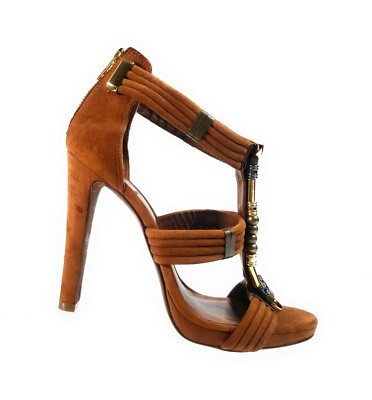 Tory Burch Carla Beaded Women Brown Suede T-Strap Pumps High Heels ...