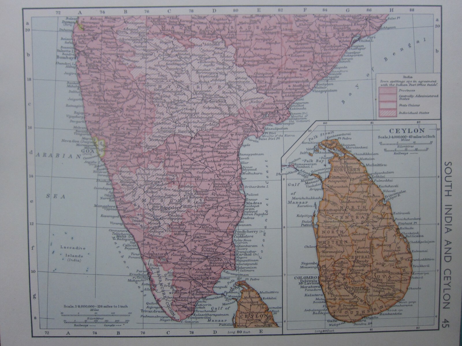 1952 Carte ~ Du Sud Inde & Ceylan Mysore Orissa Hyderabad Goa Colombo ...