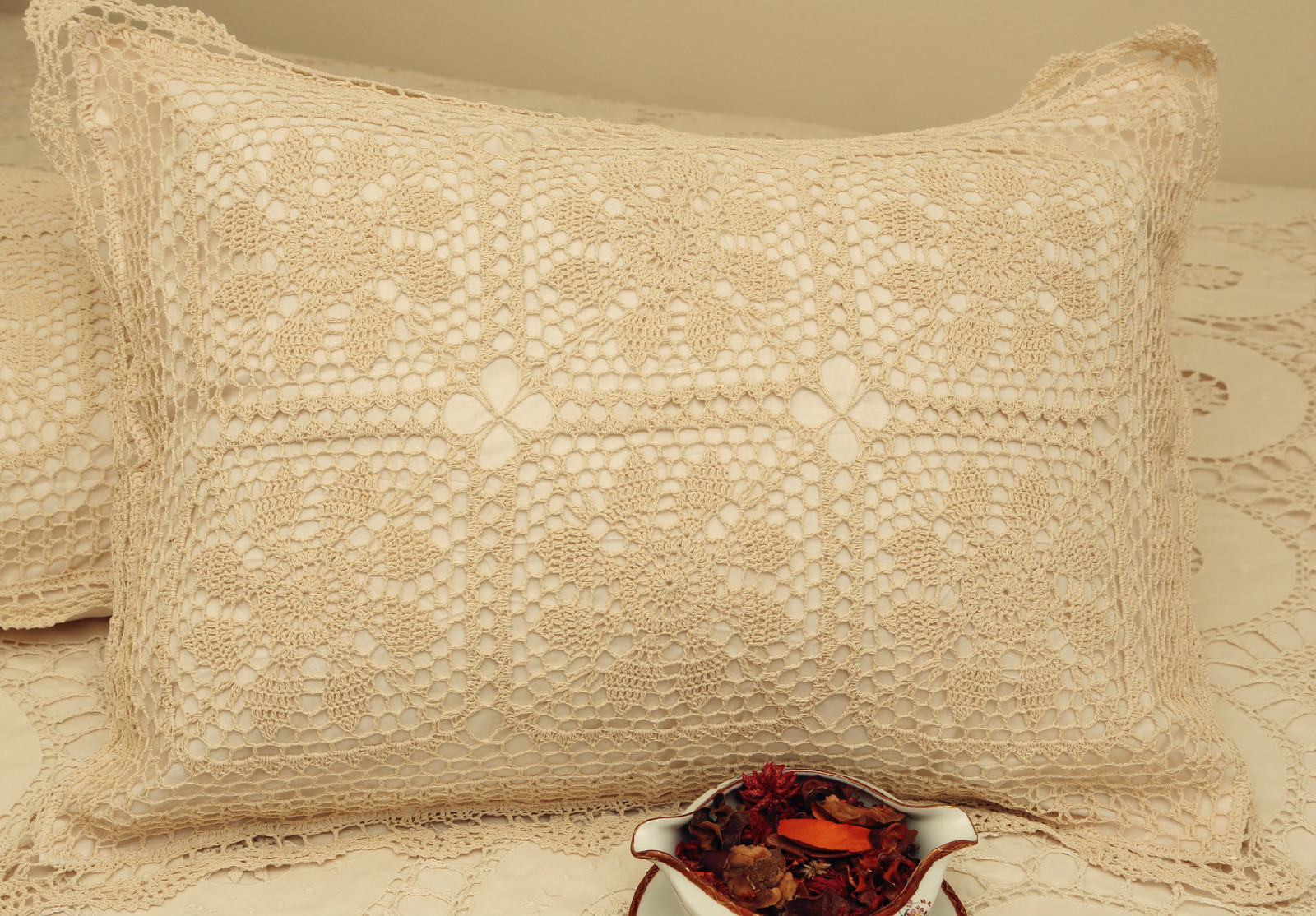 Vintage 100% cotton Handmade Crochet Lace Sham Cover White/Ecru Home ...