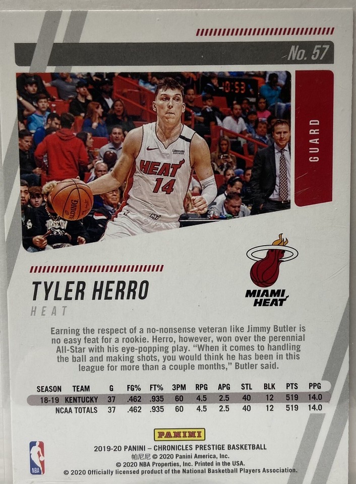 Tyler Hero 2019-20 Rookie Panini Chronicles Prestige Card #57 Miami ...