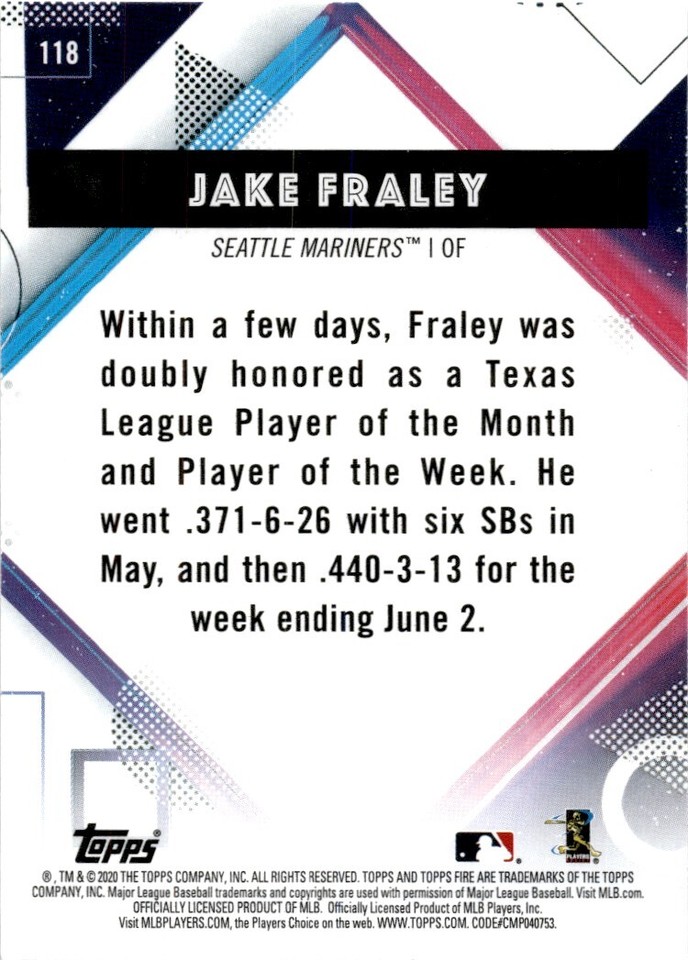 2020 Topps Fire Jake Fraley Rookie Seattle Mariners #118 | eBay