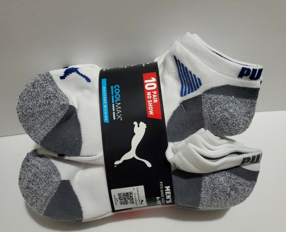 10 PAIR PUMA MEN'S NO SHOW SOCK - FITS SHOE SZ 6-12 COOLMAX MOISTURE ...