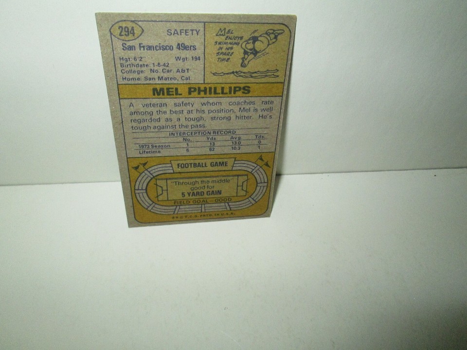 MEL PHILLIPS 1974 FOOTBALL CARD #294 SAN FRANCISCO 49ERS DB VG+ | eBay