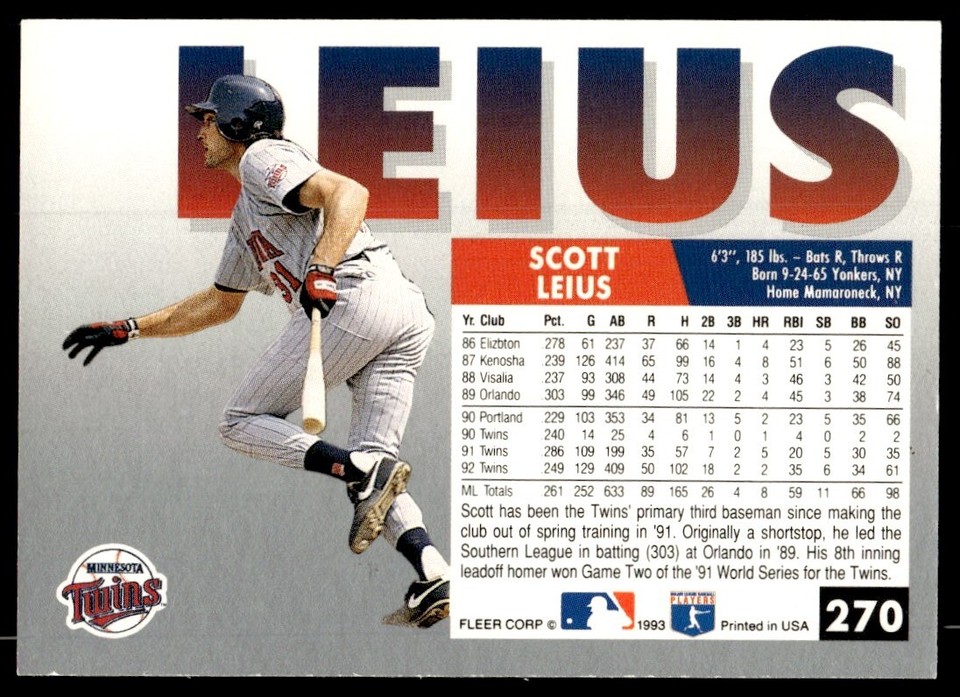 1993 Fleer Scott Leius Minnesota Twins #270 | eBay