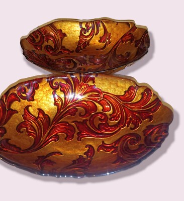2 Arda Glass Bowl Hand Painted Red Gold Paisley Glossy Textured Bottom ...