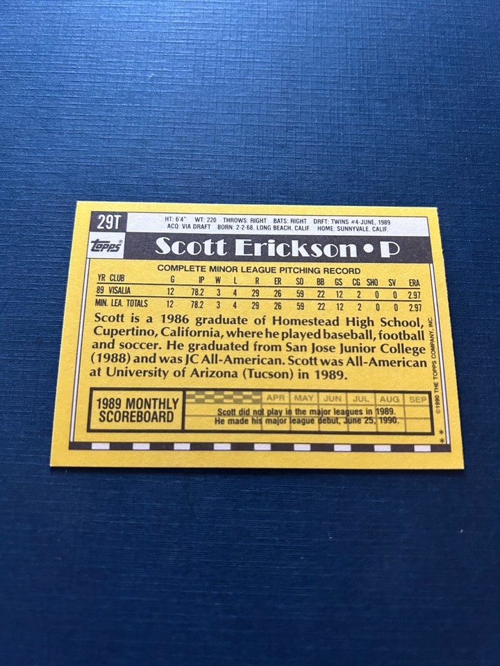 1990 Topps Traded Baseball Scott Erickson Rookie Card # 29T Factory Set ...
