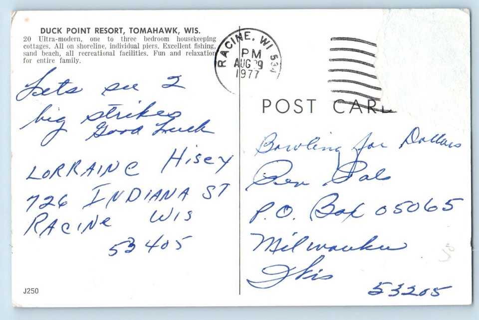 Tomahawk Wisconsin WI Postcard Duck Point Resort Cottages Beach c1977 ...