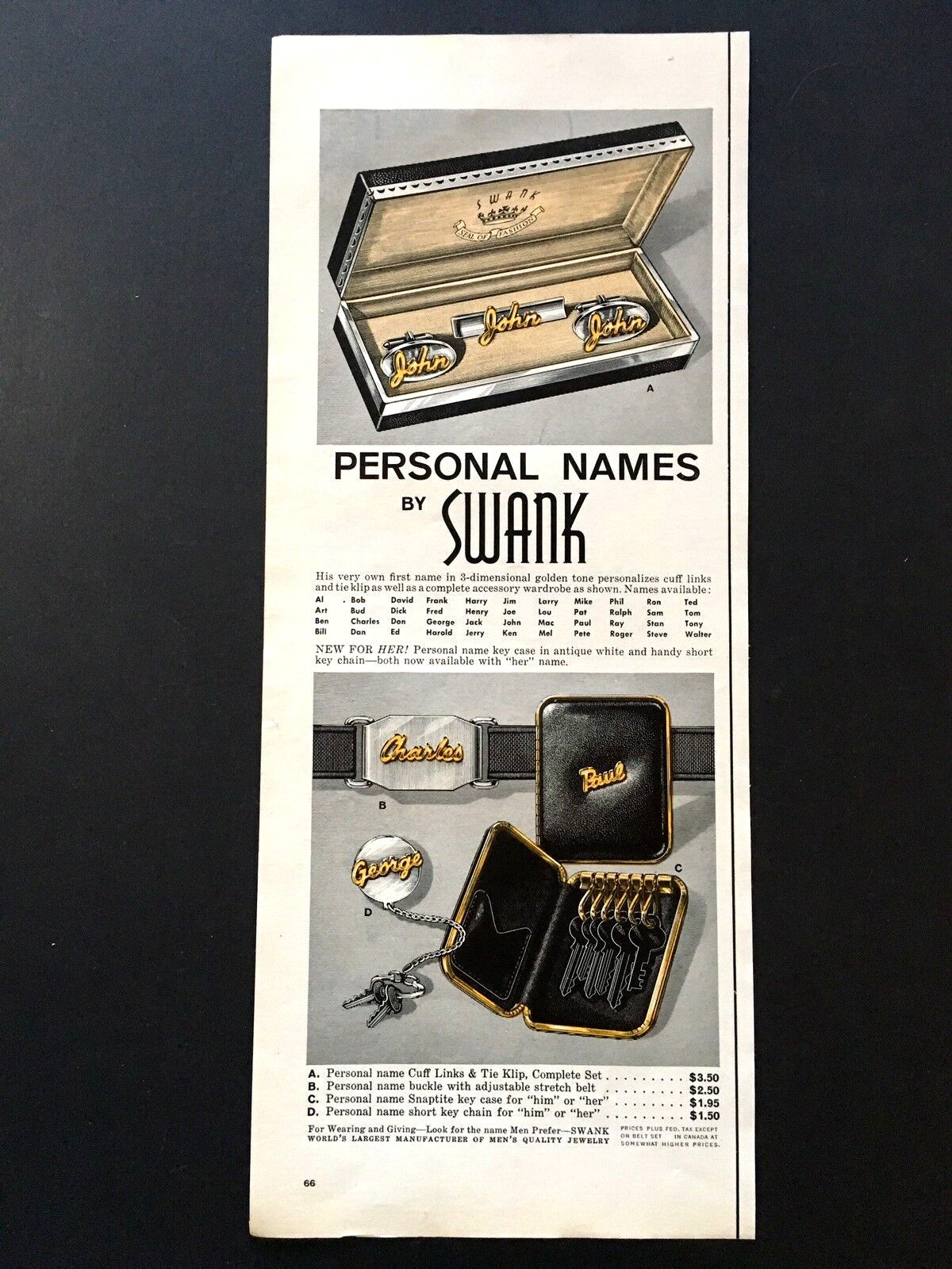 1959 Swank Ad Personal Names by Swank Samples of John, Charles, Paul ...