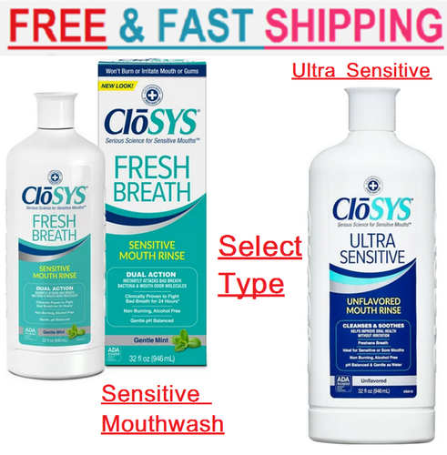 CloSYS Sensitive Fresh Breath Mouthwash, Gentle Mint, 32oz. Choose ...