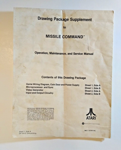 Missile Command Video Arcade Game Drawings Package Supplement Original ...