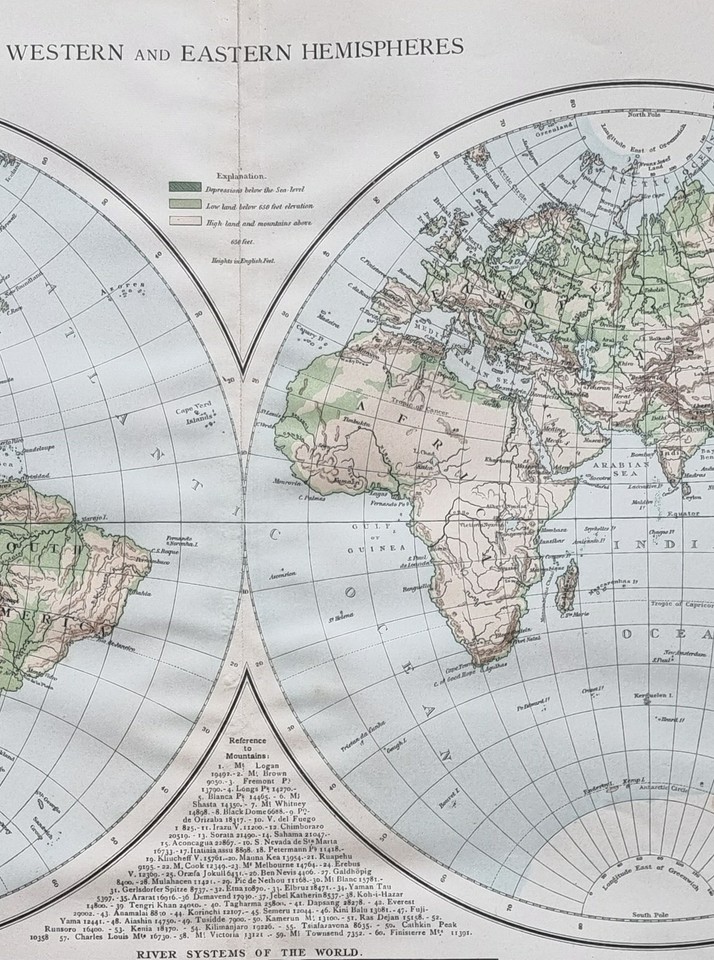 1895 Antik Landkarte Welt Western & Ost Hemispheres Fluss System Land ...