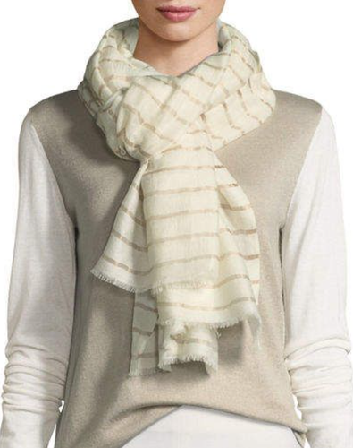 Bindya Accessories Shining Stripe Nights Wool Ivory Gold Fringe Scarf ...