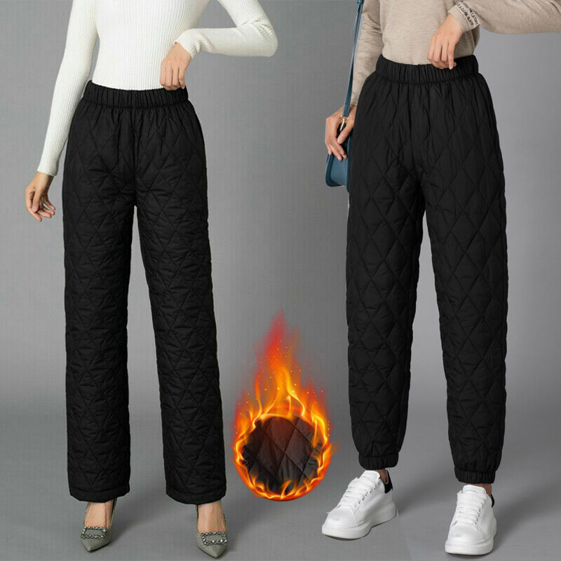 Women Thick Pants Padded Quilted Thermal Trousers Elastic Waist ...