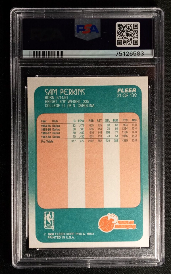 1988 Fleer Basketball Card Sam Perkins #31 PSA NM-MT 8 New Slab FREE ...