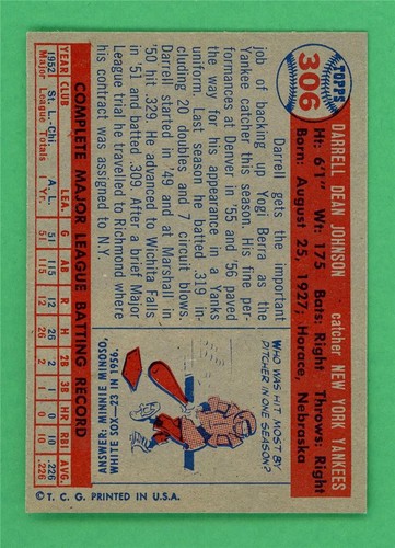 1957 Topps #306 Darrell Johnson ** NM Near Mint * New York Yankees ...