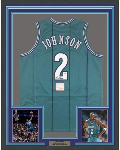 FRAMED Autographed/Signed LARRY JOHNSON 33x42 Charlotte Teal Jersey PSA ...