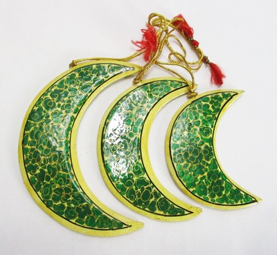 Lot of 3 Paper Mache Ornaments Half moon Handmade Green Xmas Holiday ...