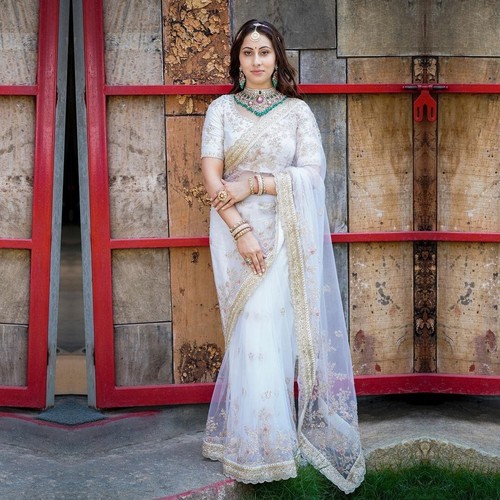White Color Georgette Saree With Embroidery Work Bollywood Style Mono ...