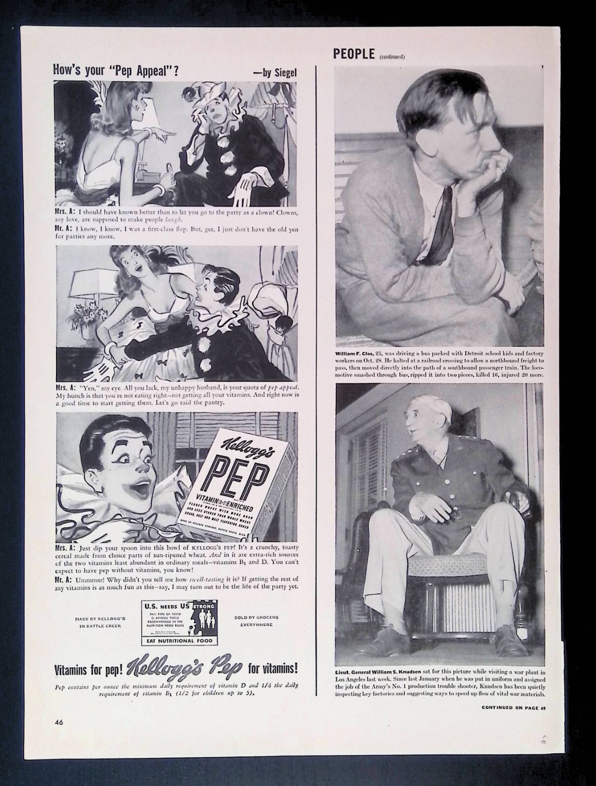 Vintage Print Ad 1942 Kellogg's Pep Cereal Sad Clown Happy Battle Creek ...