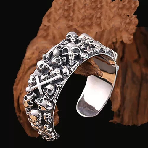 Real Solid 925 Sterling Silver Cuff Bracelet Skeletons Skulls Cross ...