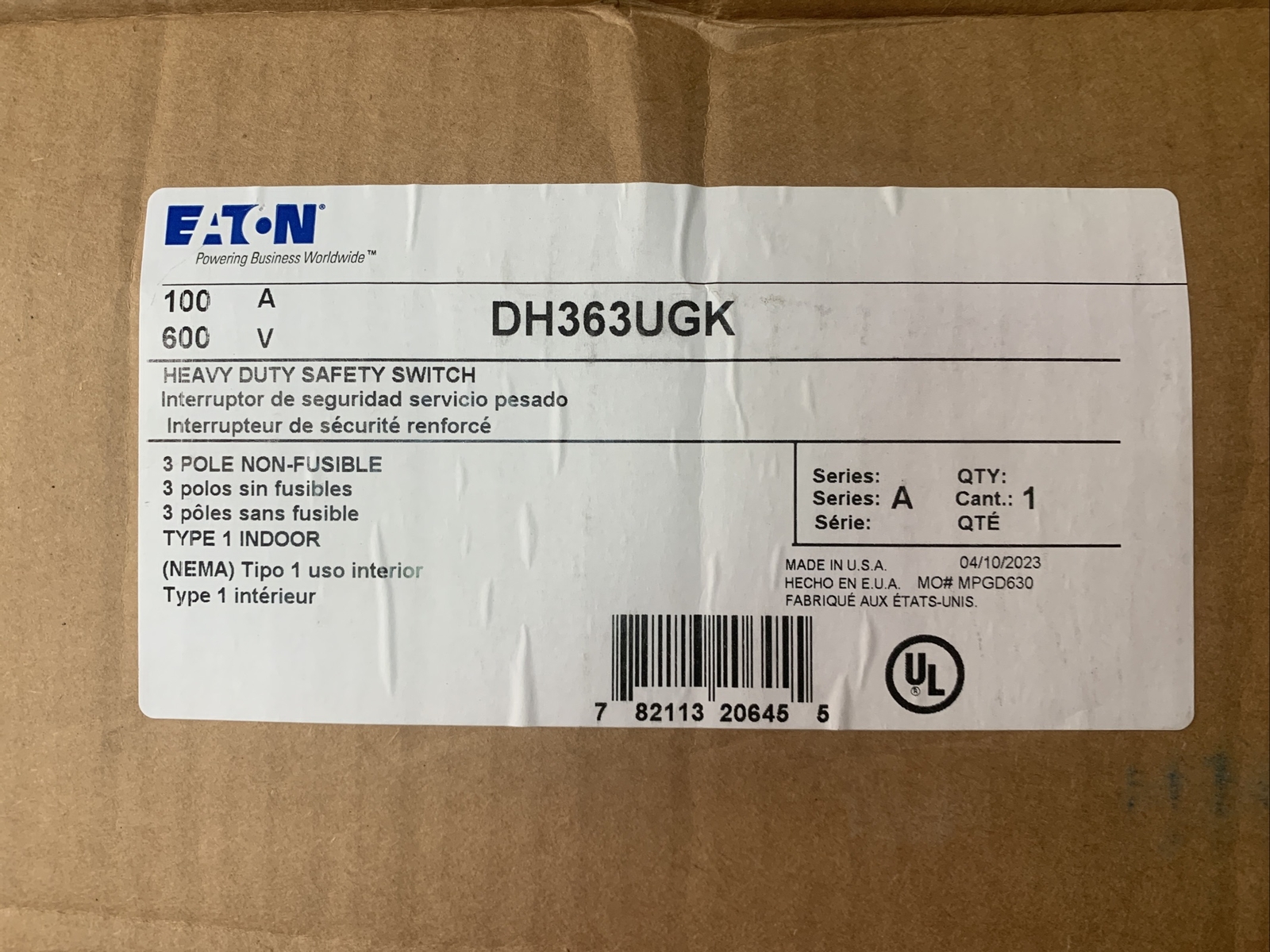 Eaton 100A 3-pole 600v Non-fusible Indoor Heavy Duty Disconnect ...