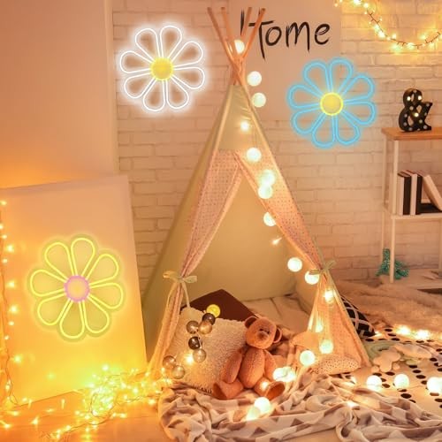 3 Pcs Large Neon Signs - 12.6 Inch Mute LED Flower Light up Signs USB ...