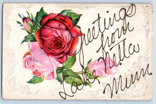 Lake Netta Minnesota MN Postcard Greetings Flower Roses Embossed 1909 ...