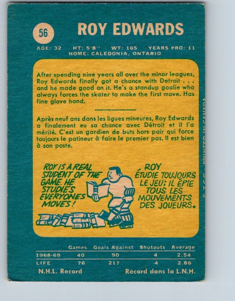 VINTAGE HOCKEY CARD 1969 OPC DETROIT RED WINGS ROY EDWARDS NO1523 | eBay