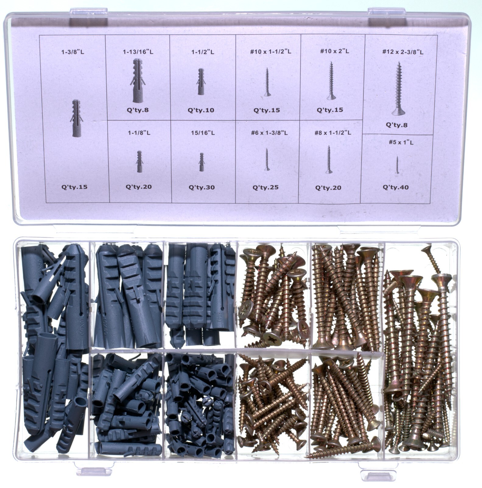 206 Piece Zinc Plated Wood Screw and Plastic Anchor Assortment w ...