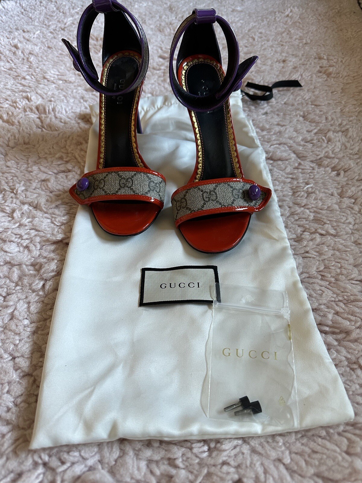 Gucci GG Supreme Mixed Color Stiletto Heels Logo Sand… - Gem