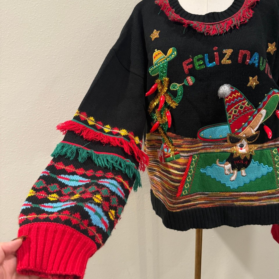 Holiday Time Feliz Navidad Ugly Christmas Sweater L Festive Dog ...