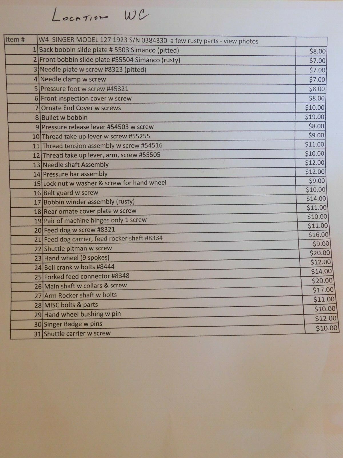 W4 Singer Sewing Machine Model 127 original parts -1923- free ship ...