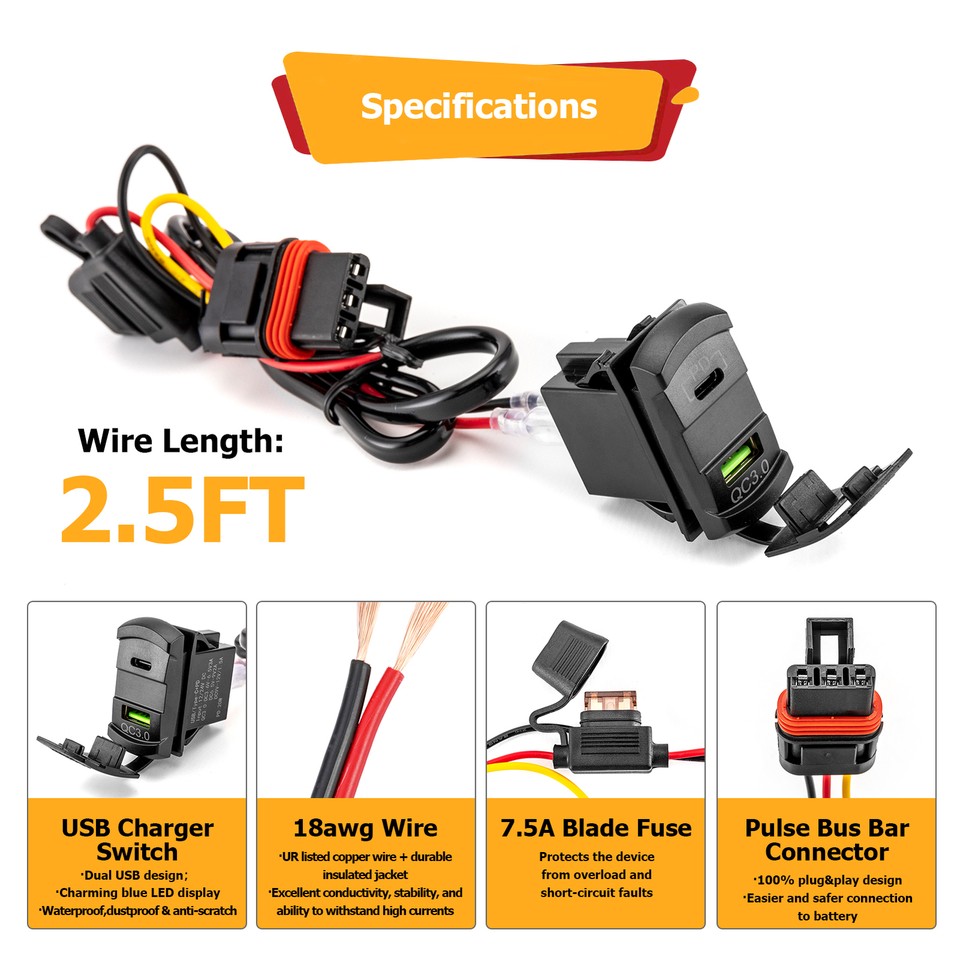 Plug & Play Dual USB Type C Charger Wire Kit For 2024-25 Polaris Ranger ...