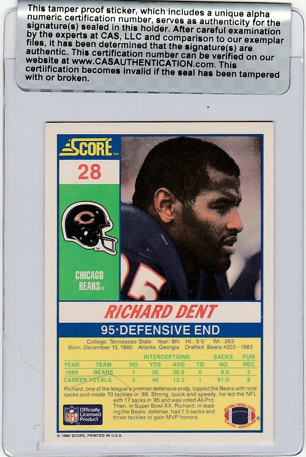 1990 SCORE #28 RICHARD DENT SIGNED AUTOGRAPH HOF CHICAGO BEARS HOFER ...