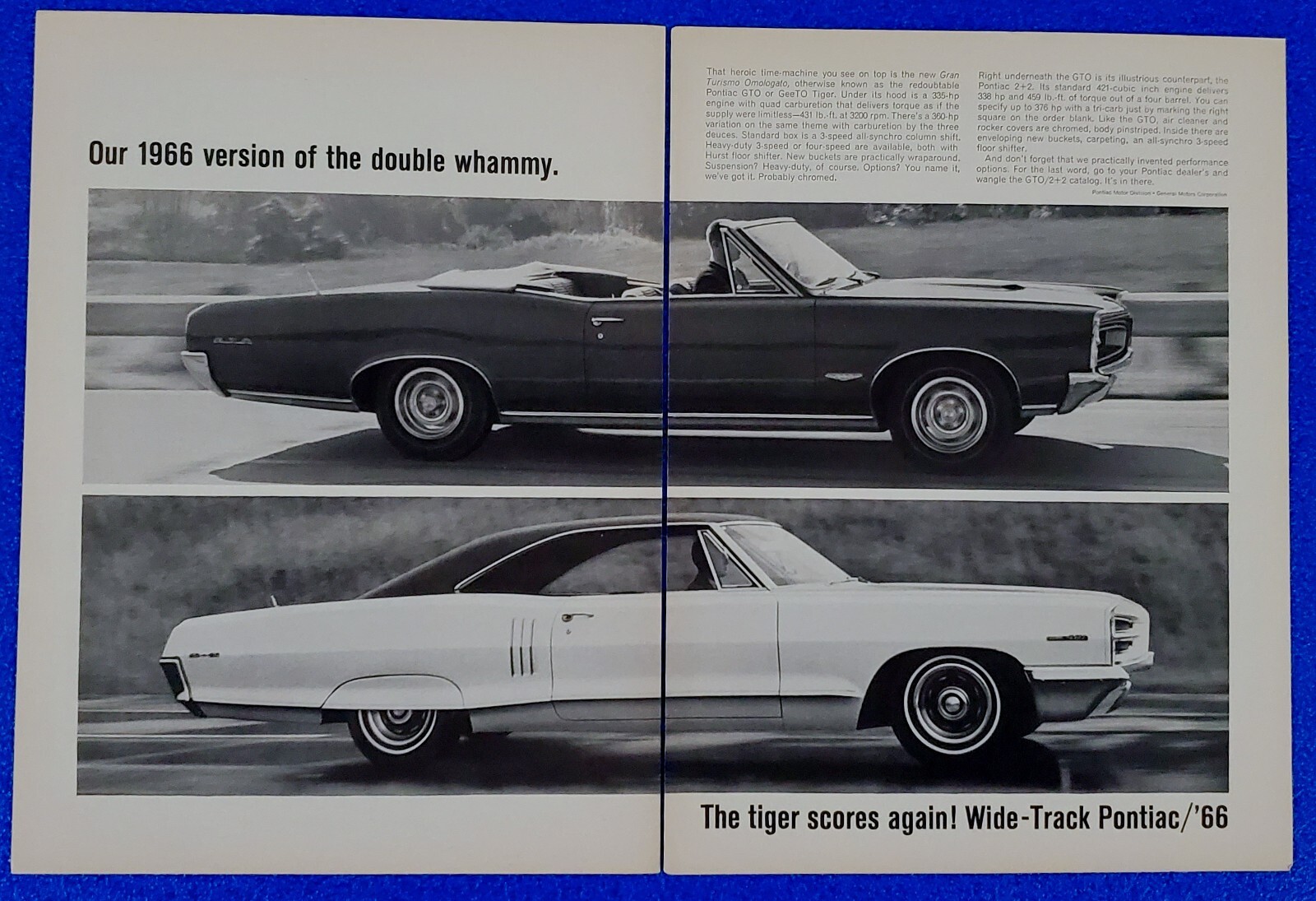 1966 PONTIAC GTO & 2 + 2 ORIGINAL 2 PG PRINT AD PONTIAC MOTOR DIVISION ...