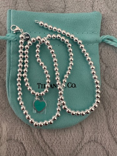 Tiffany Co. Blue Enamel Heart Charm & Beaded necklace Sterling Silver ...