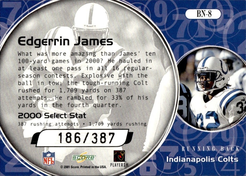 2001 Score Select Behind the Numbers Edgerrin James 186/387 ...