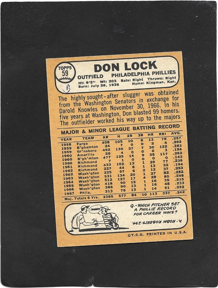 1968 Topps MLB # 59 Don Lock | eBay