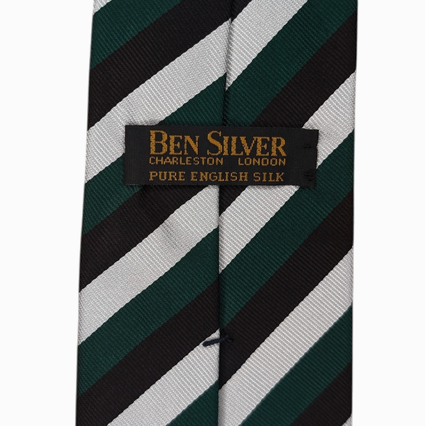 BEN SILVER Silk tie Repp tie with black/silver/green diagonal stripes ...